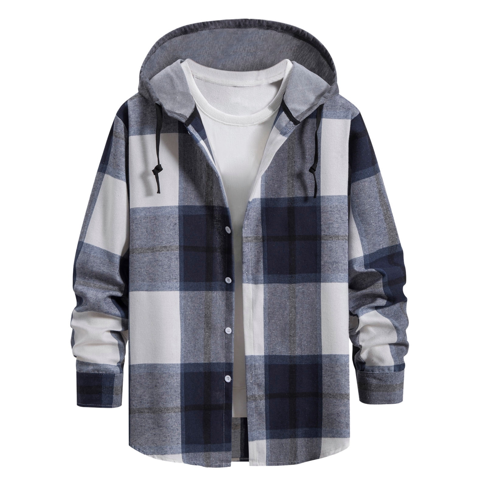 Mens Polo Shirts L Casual Plaid Print Hooded Collar Long Sleeve ...