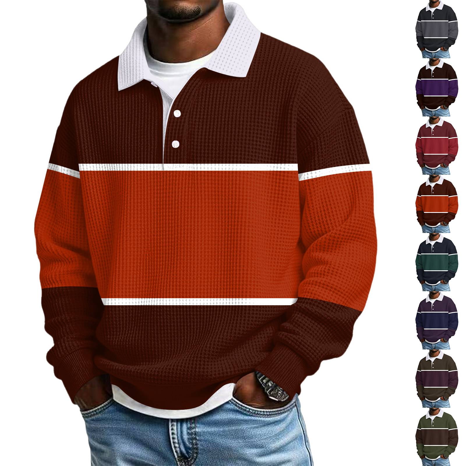 Mens Polo Shirts Long Sleeve Waffle Knit Collared Thermal Casual Henley ...