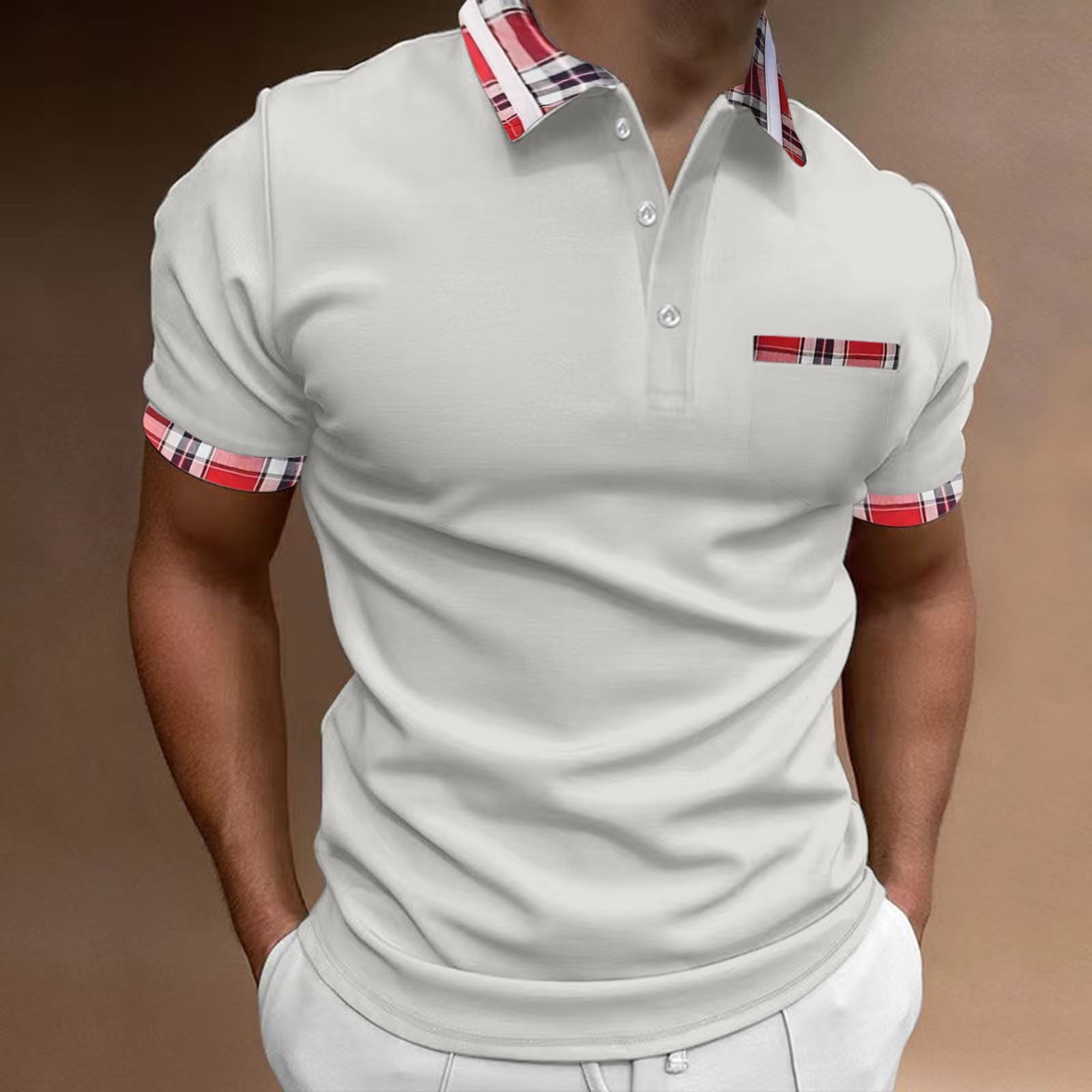 Mens Polo Shirts Male Spring Summer Button Short Sleeve Top Plaid Lapel ...