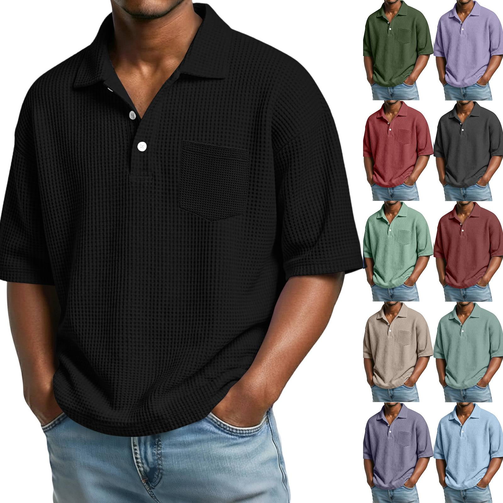 Mens Polo Shirts Short Sleeve Plus Size Collared Henley Waffle Shirt ...