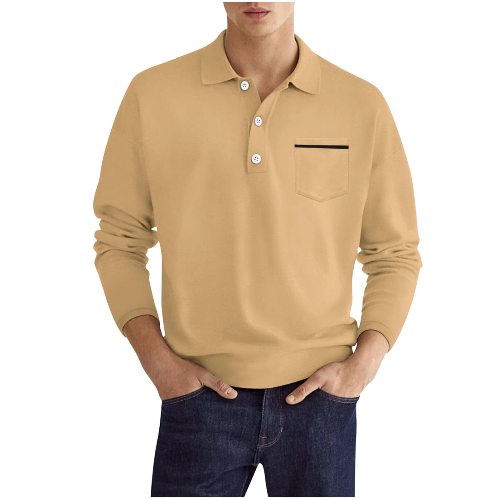 Mens Polo Shirts With Pockets Long Sleeve Button Down Shirt Business ...