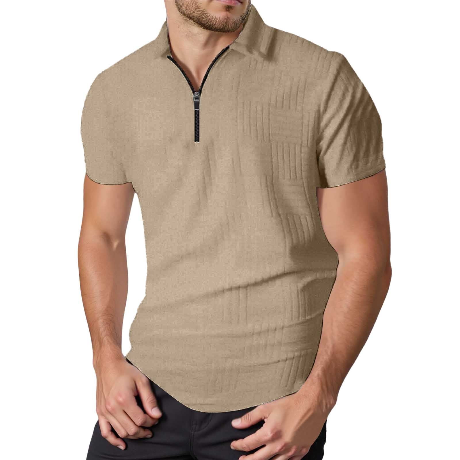 Mens Polo Shirts Zipper Short Sleeve Collared Textured Tops Summer ...