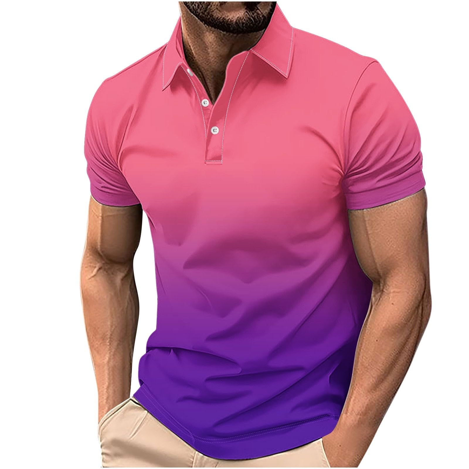 Mens Polos Black Button Up Gradient Casual Contrast Color Polo Shirt ...