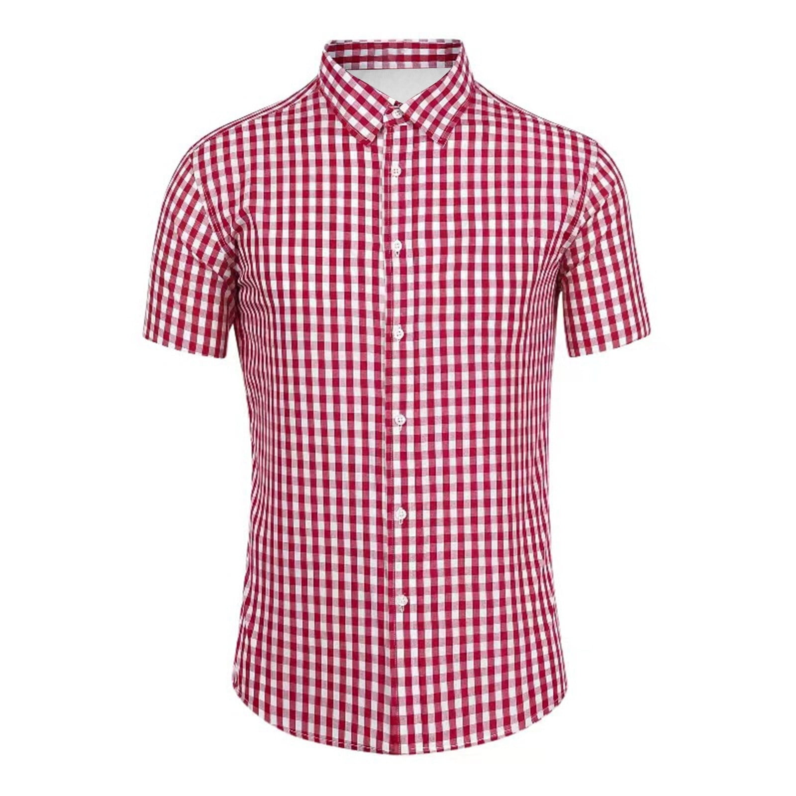 Mens Polos Tops Short Sleeve Linen Blend Plaid Print Button Down Mens ...