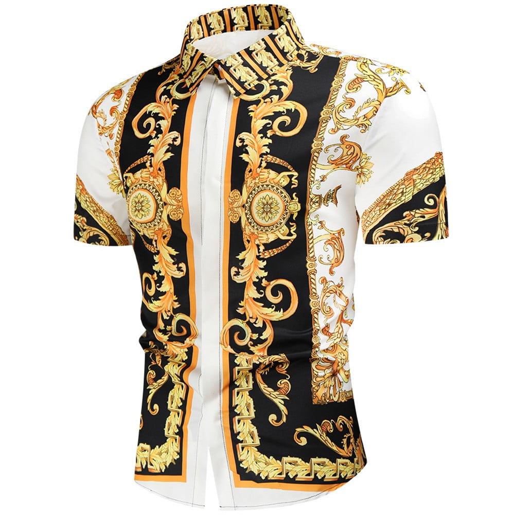 Mens Printed Long Sleeve Muscle Fitness Shirt Button Down Shirt Party T ...