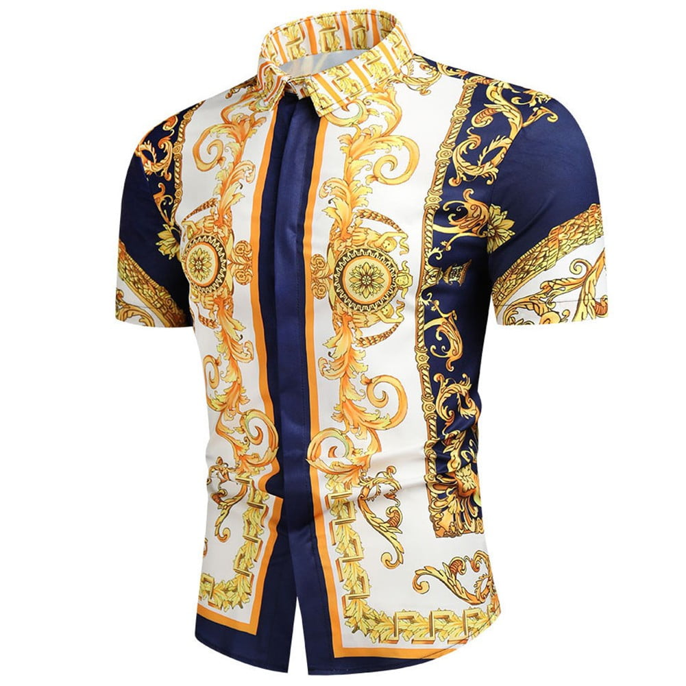 Mens Printed Long Sleeve Muscle Fitness Shirt Button Down Shirt Party T ...