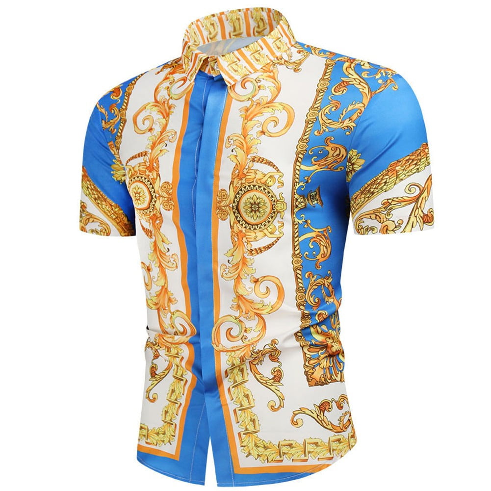 Mens Printed Long Sleeve Muscle Fitness Shirt Button Down Shirt Party T ...