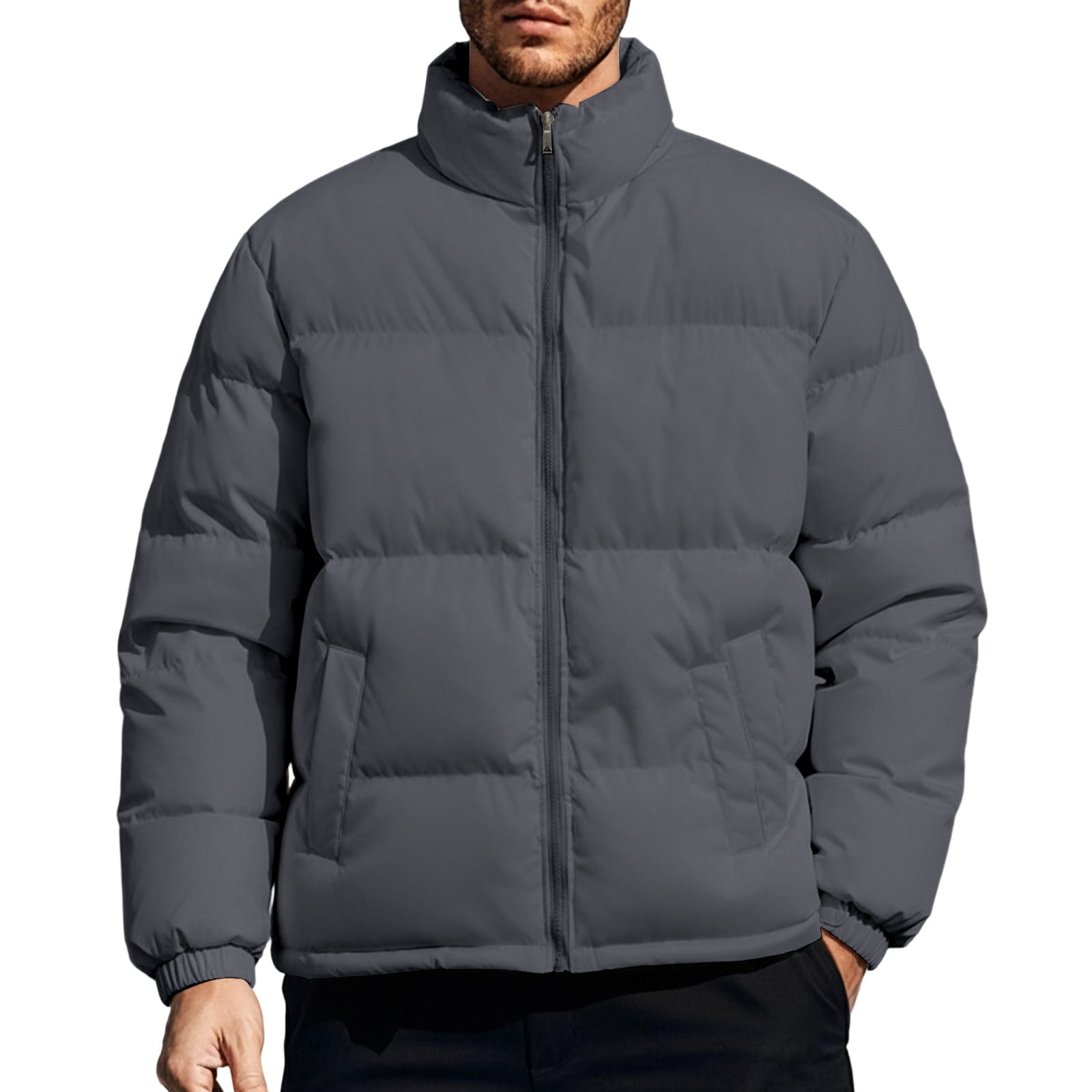 Mens Puffer Jacket Winter Coats Hood less Quilted Down Jackets Dark ...