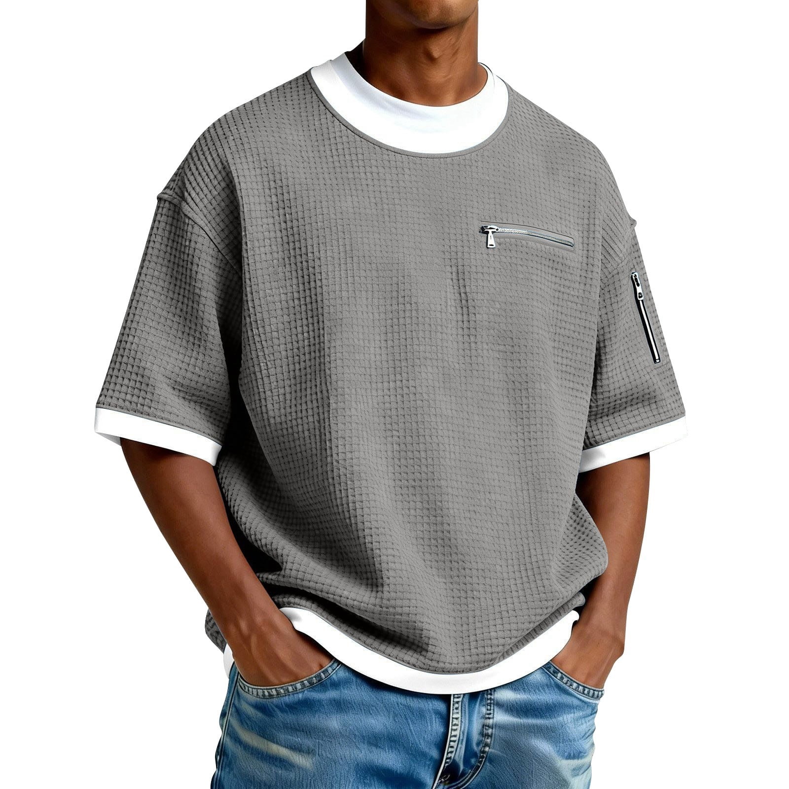Mens Pullover Casual Contrast Panel Short Sleeve Crew Neck School ...