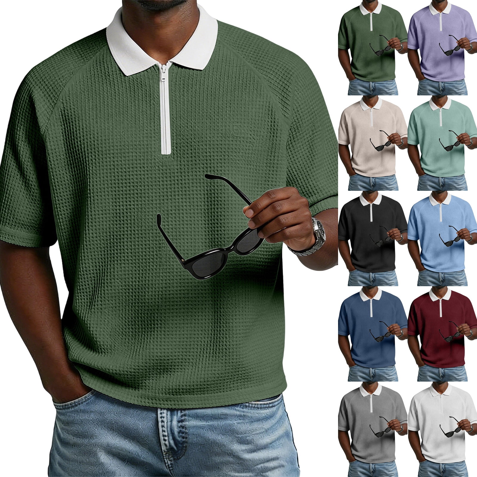 Mens Quarter Zip Golf Polo Shirts Casual Short Sleeve Waffle Pullover ...
