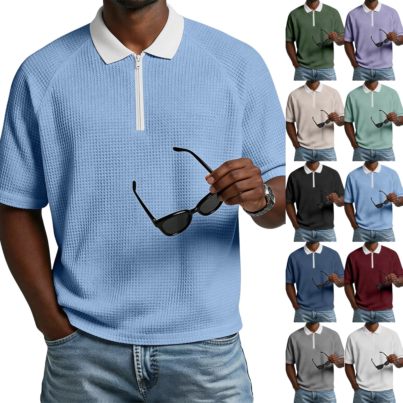 Mens Quarter Zip Golf Polo Shirts Casual Short Sleeve Waffle Pullover ...