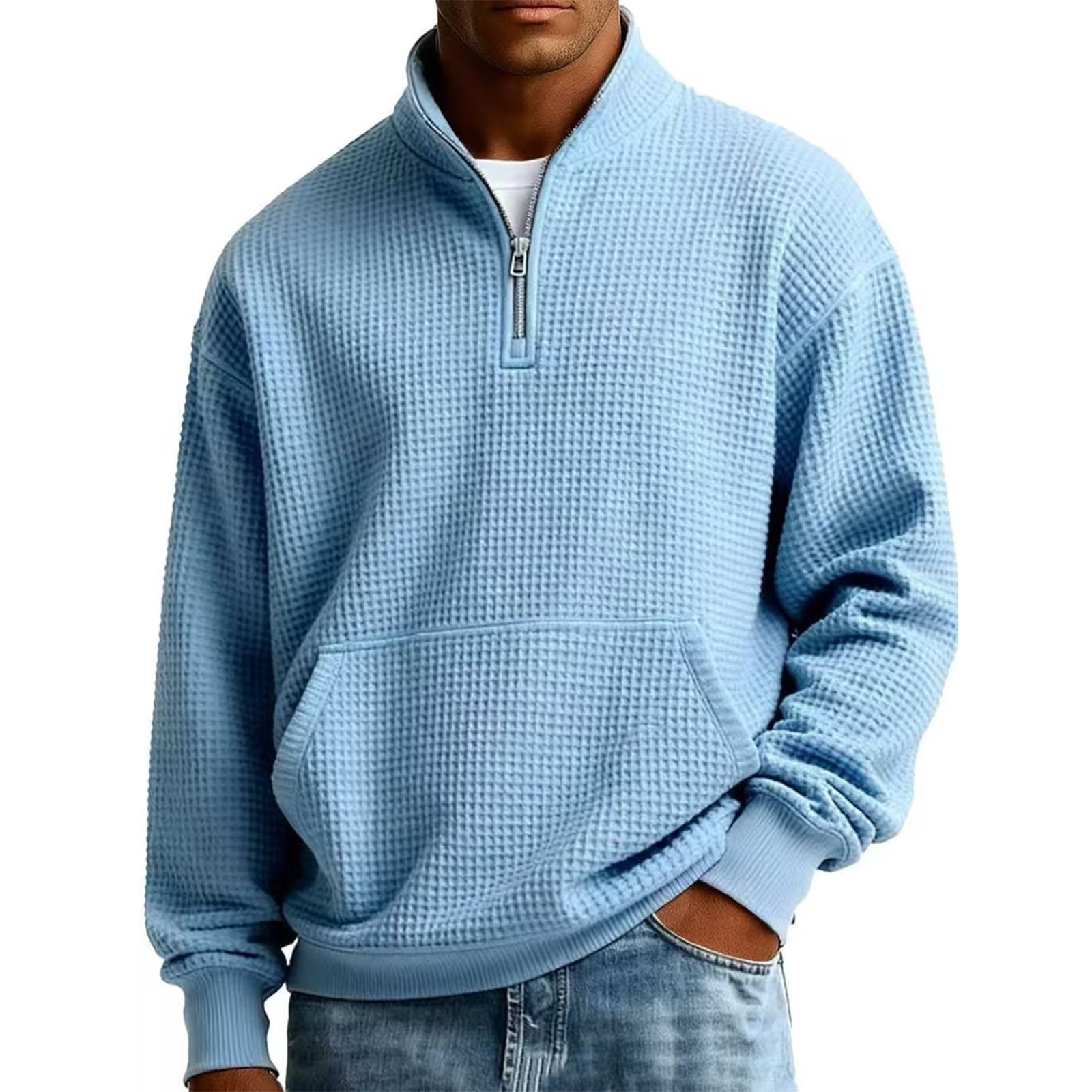 Mens Quarter Zip Pullover Waffle Knit Textured 1/4 Zip Up Sweatshirt ...