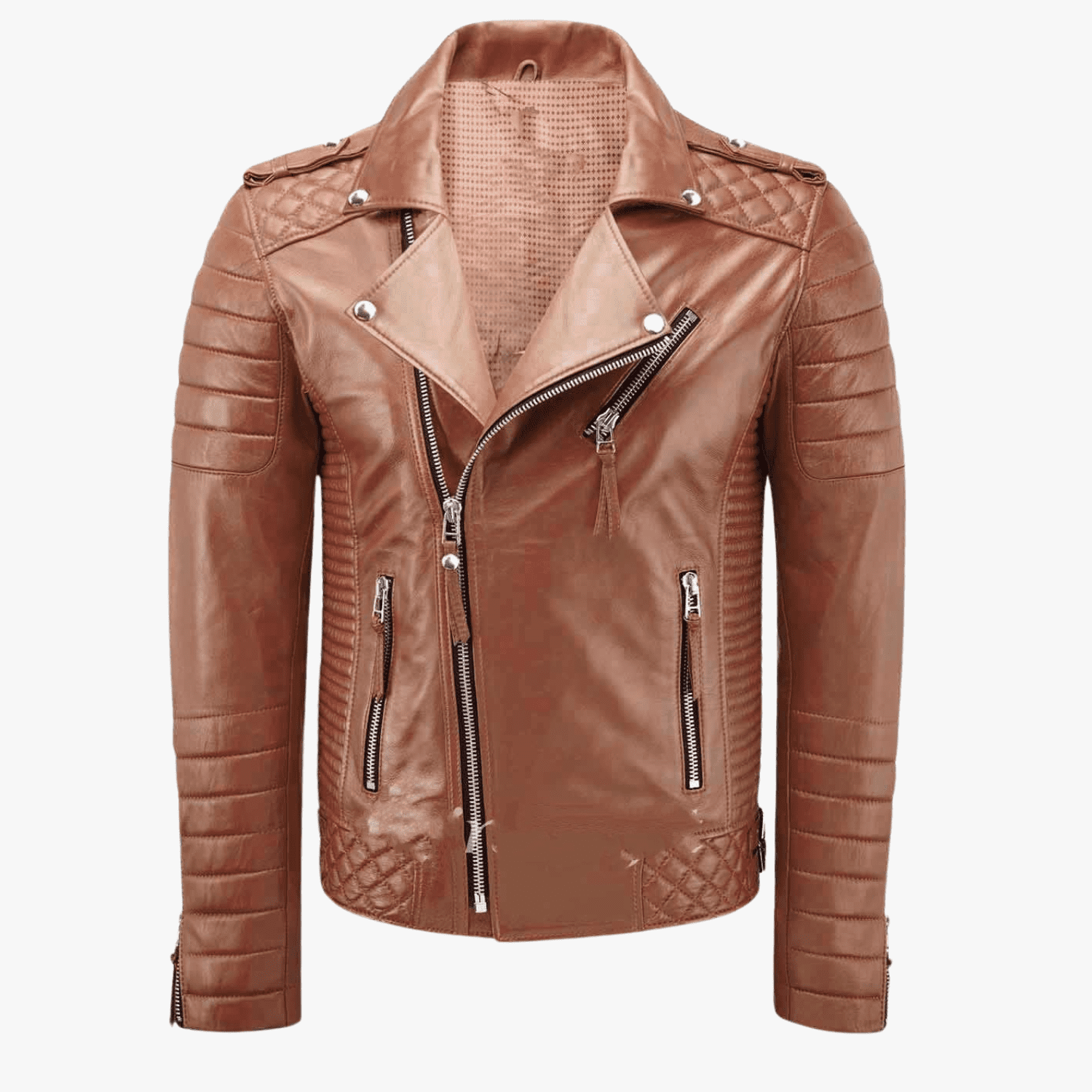 Mens Quilted Leather Jacket Tan Motorcycle Biker Leather Jacket With ...