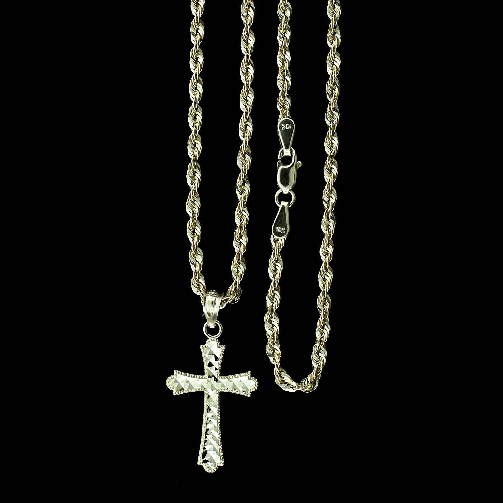 Mens Real 10K Yellow Gold Diamond Cut Cross Charm Pendant 2mm Rope Chain