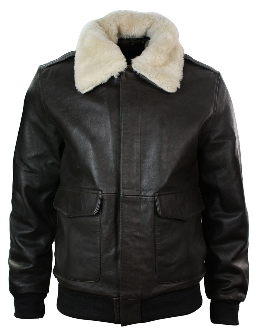 Mens Real Fur Collar Leather Bomber Pilot Flying Jacket Black Brown A2 ...