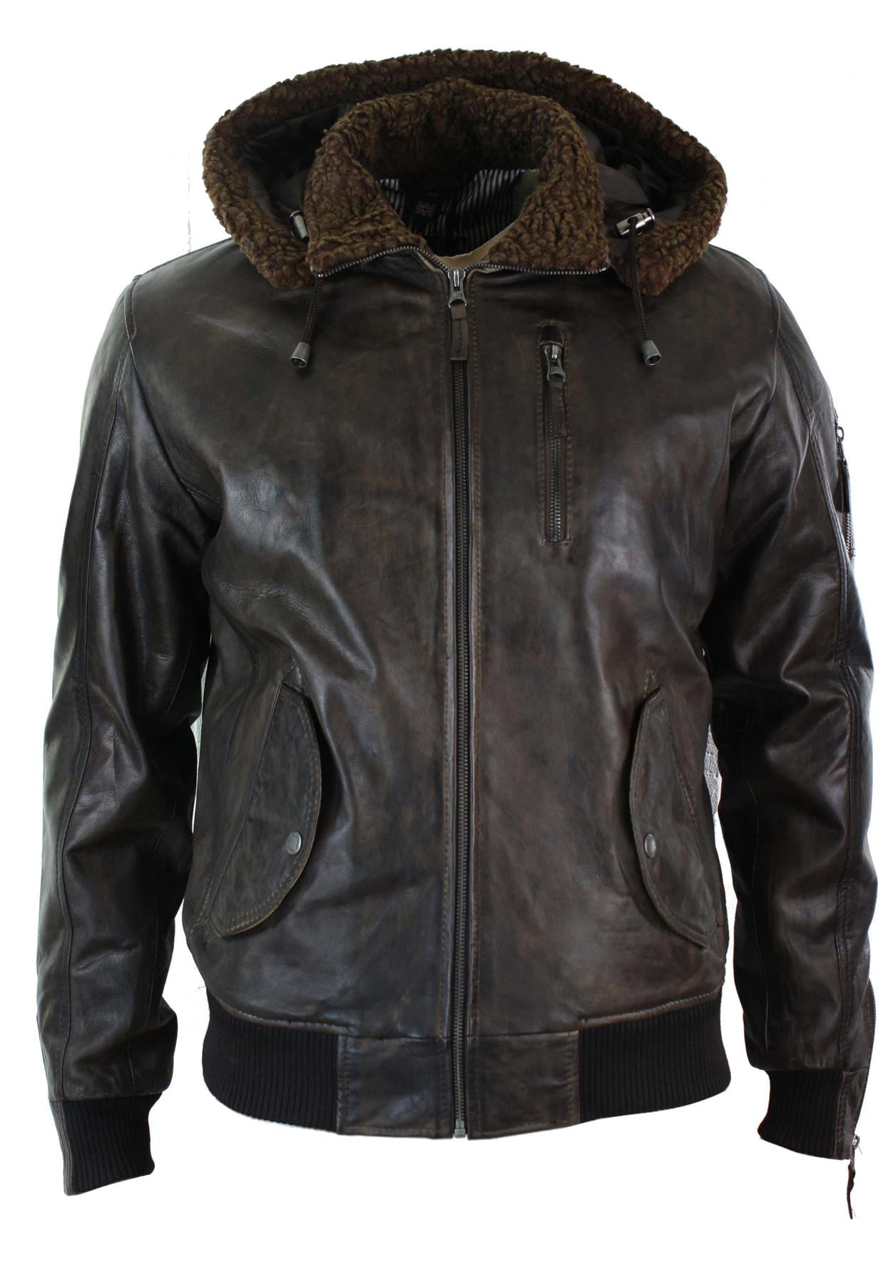 Mens Real Leather Hood Fur Jacket Bomber Aviator Tan Brown Retro ...