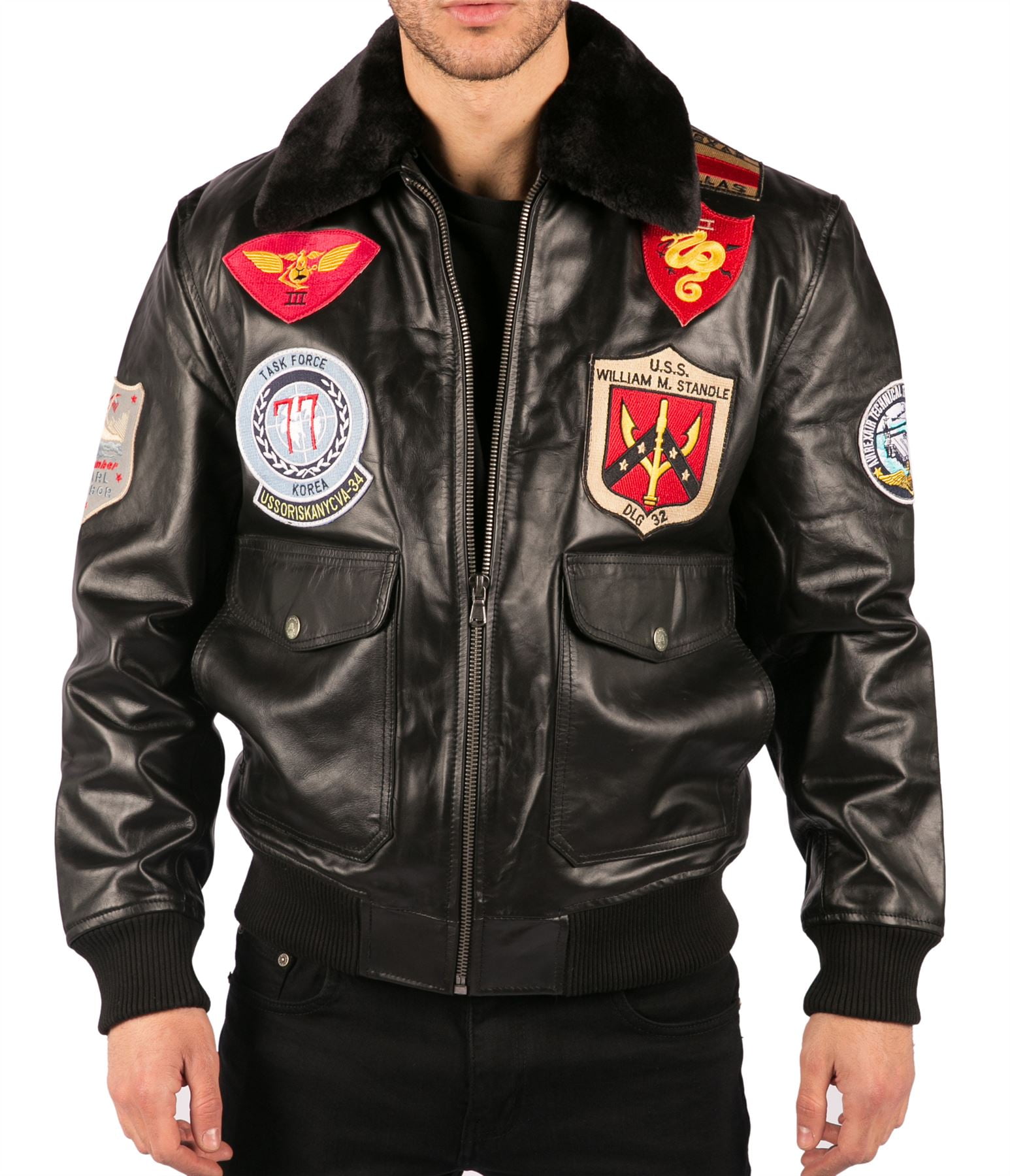 Mens Real Leather US Aviator Air Force Pilot Flying Bomber Jacket Black ...