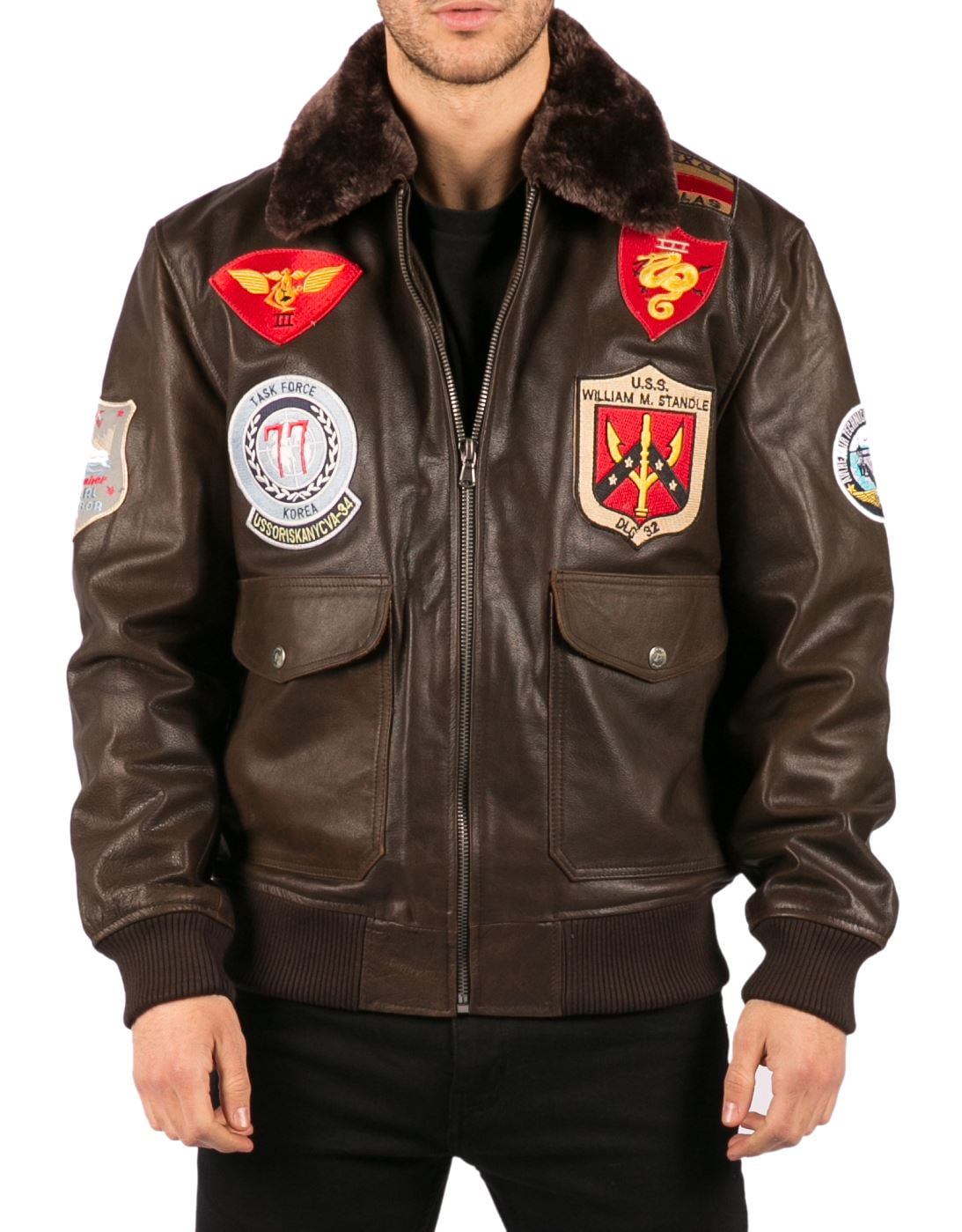 Mens Real Leather US Aviator Air Force Pilot Flying Bomber Jacket Brown ...