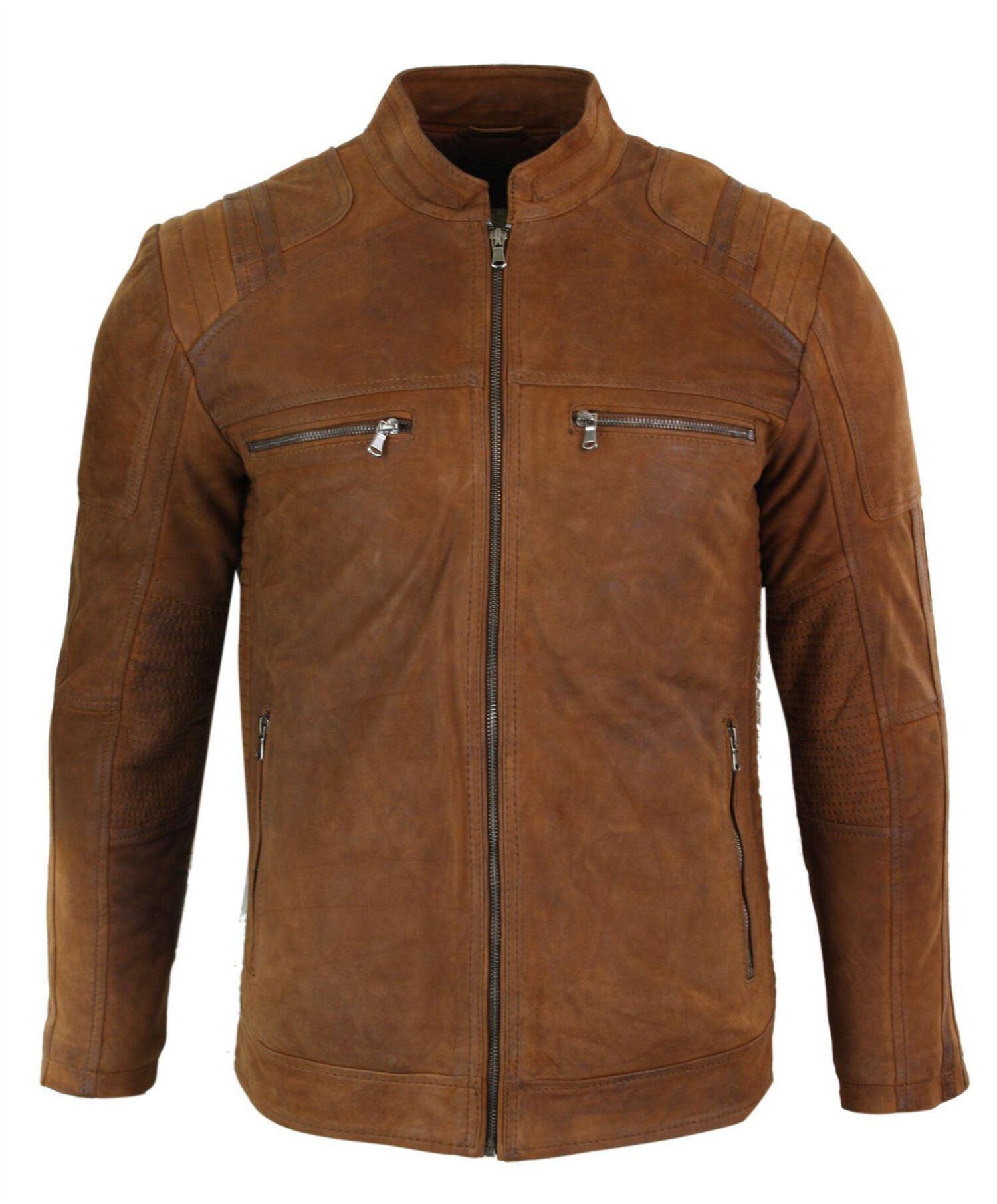 Mens Real Suede Leather Retro Vintage Camel Zip Biker Racing Jacket ...