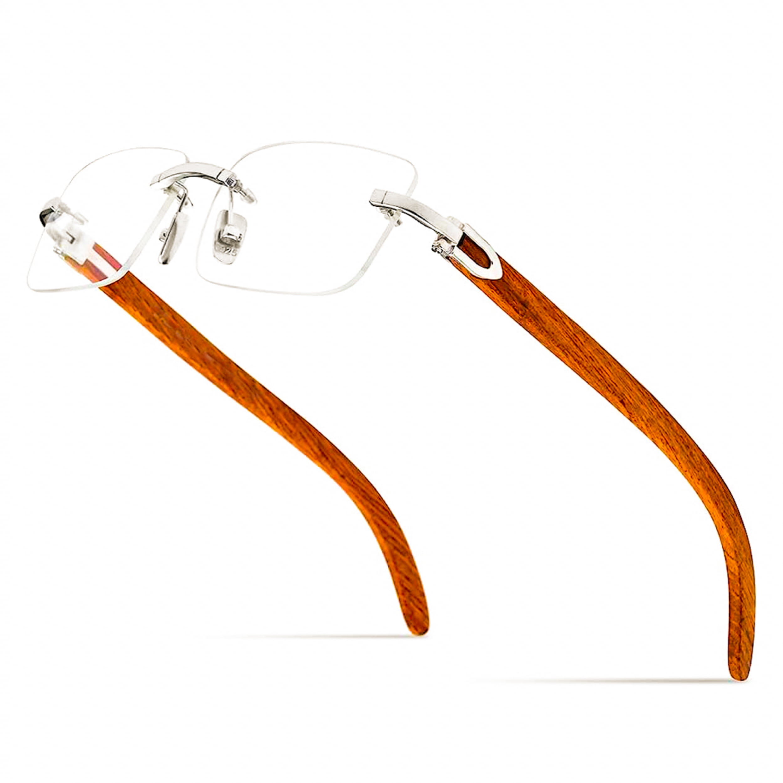 Mens Metal Eyeglasses: Rectangle Rimless Silver Frame with Woodgrain ...