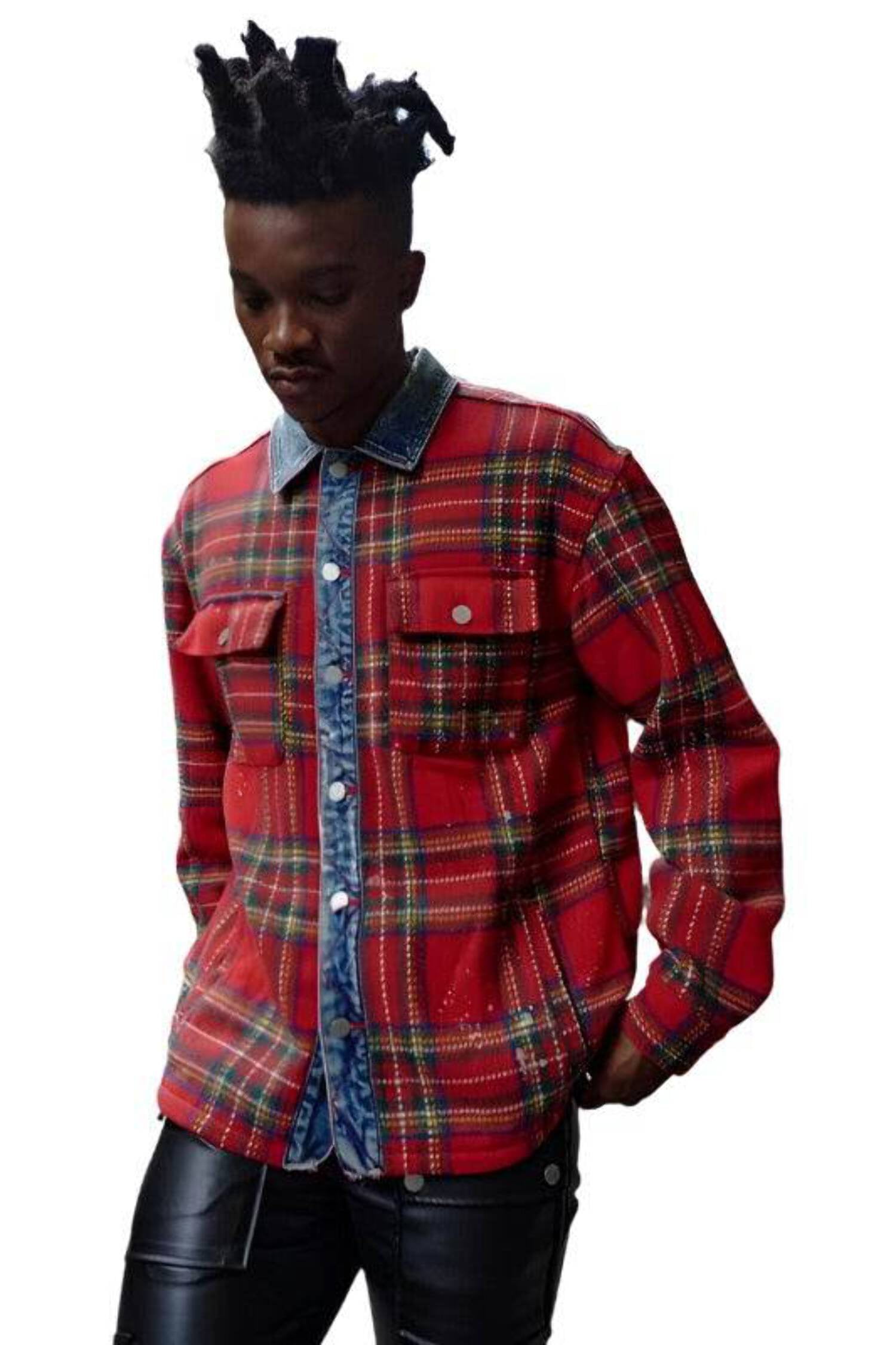 Mens Red Flannel Shacket With Denim Contrast Shirt - Walmart.com