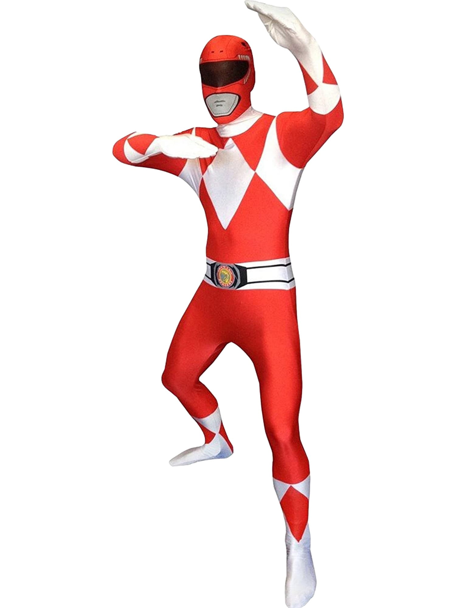 Mens Red Power Ranger Full Body Stretch Jumpsuit Costume Bodysuit X ...