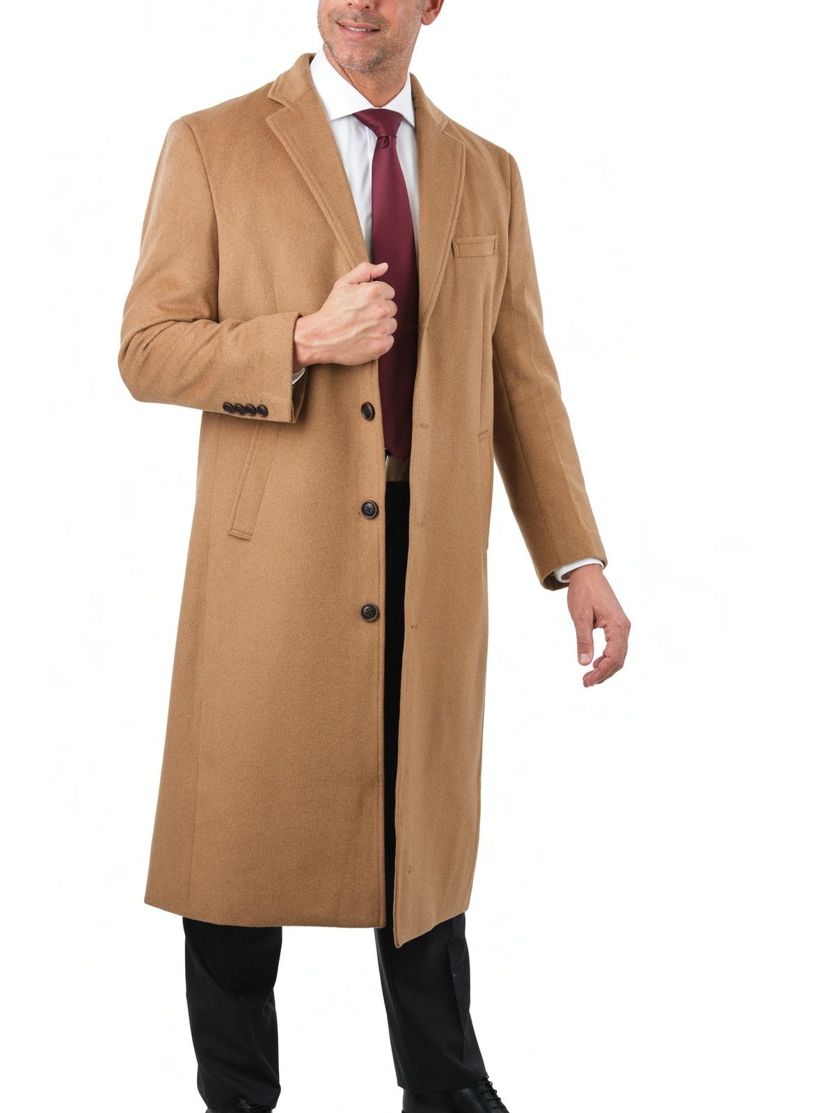 Mens Regular Fit Solid Camel Tan Full Length Wool Cashmere Overcoat Top ...