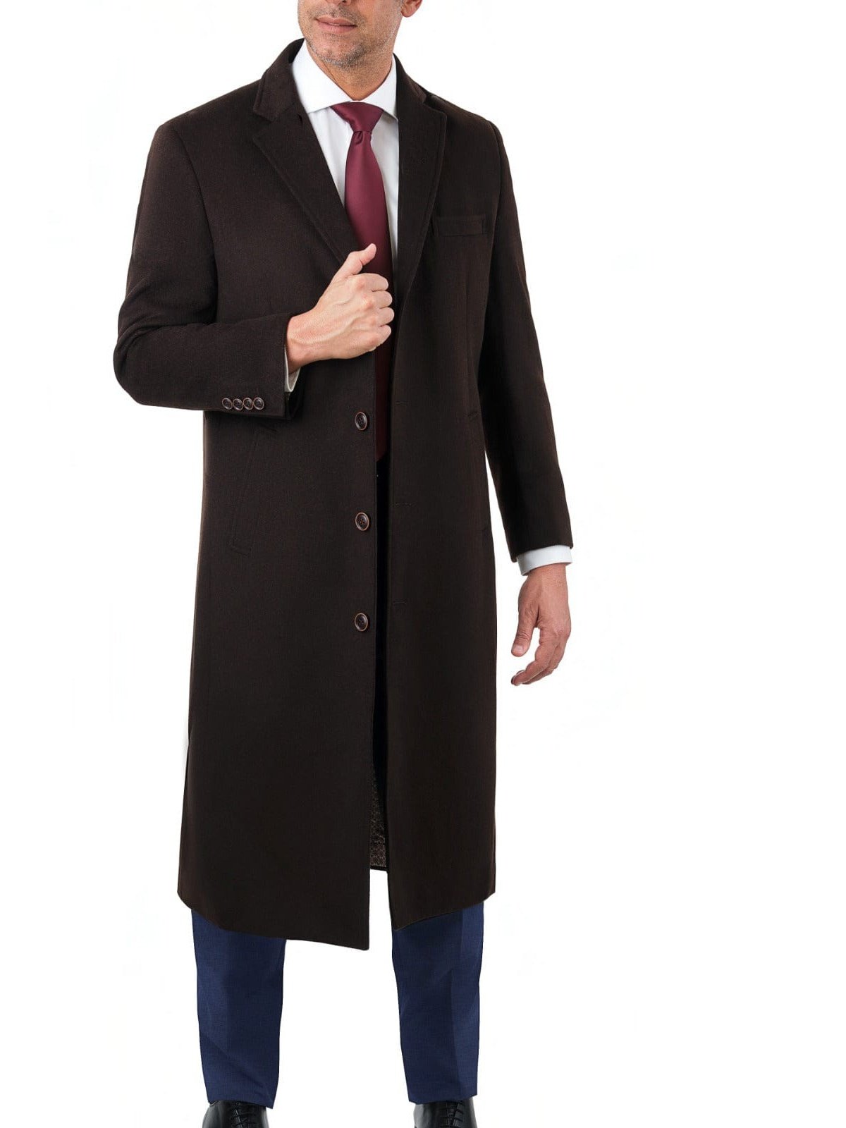 Mens Regular Fit Solid Dark Brown Full Length Wool Cashmere Overcoat ...