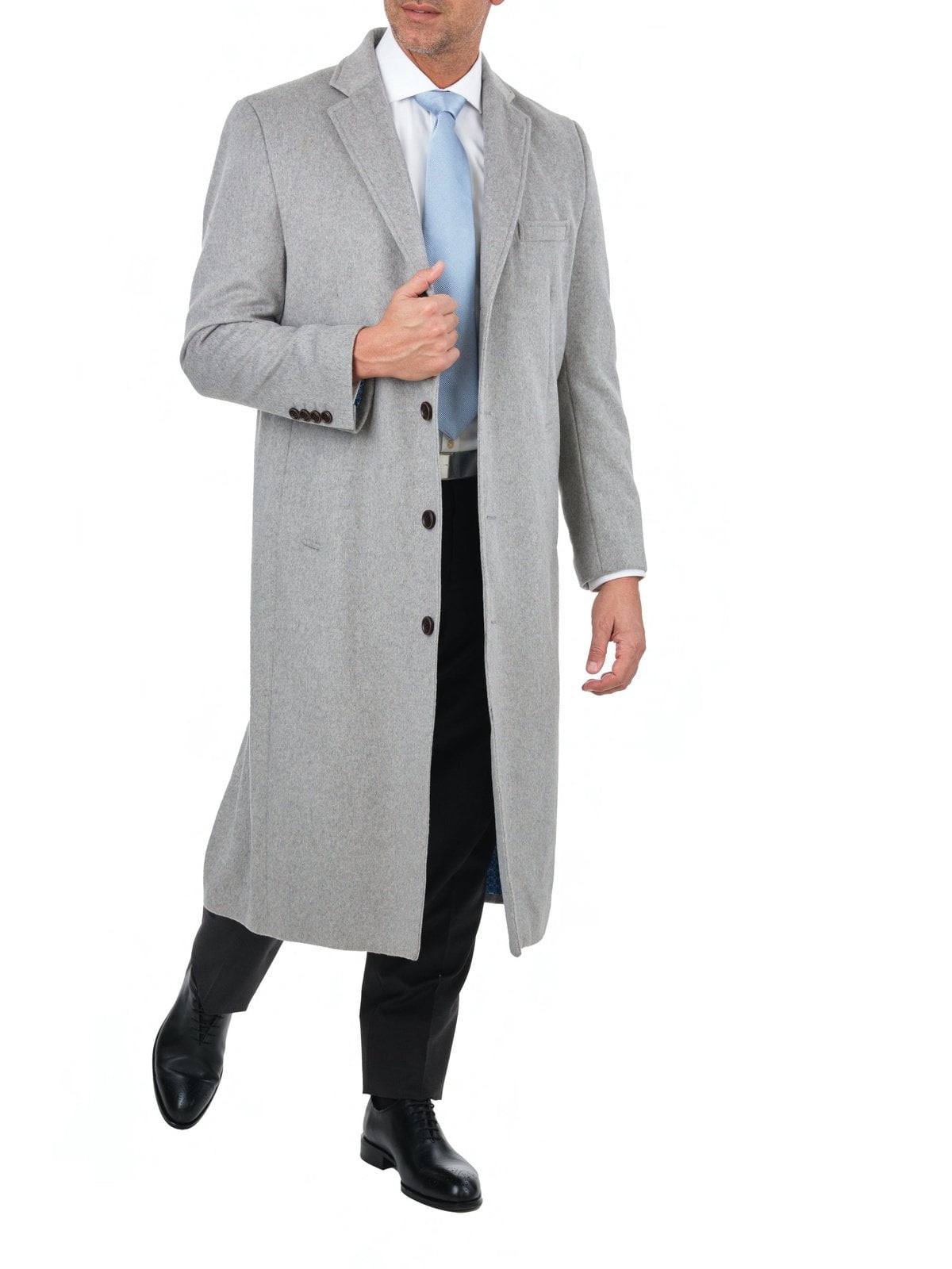 Mens Regular Fit Solid Light Gray Full Length Wool Cashmere Overcoat ...