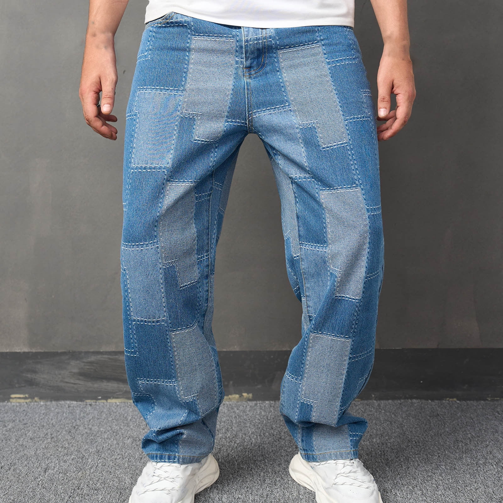 Mens Relaxed Fit Jeans Light Blue Stitches Jeans Applique Cloth Zipper ...
