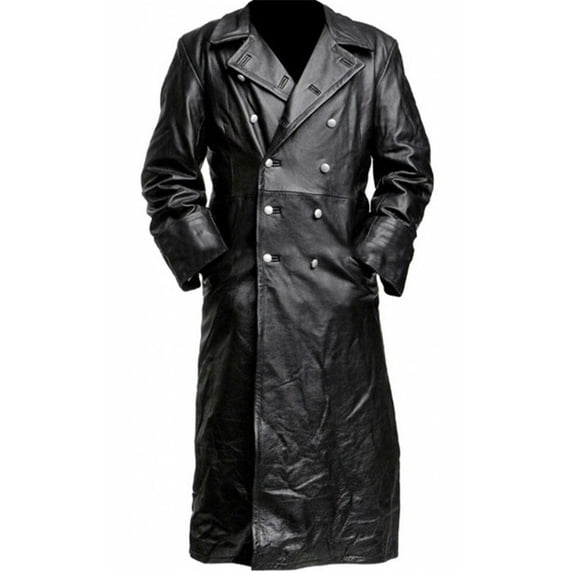 Mens Retro Black Leather Jacket Long Steampunk Overcoat German Leather ...