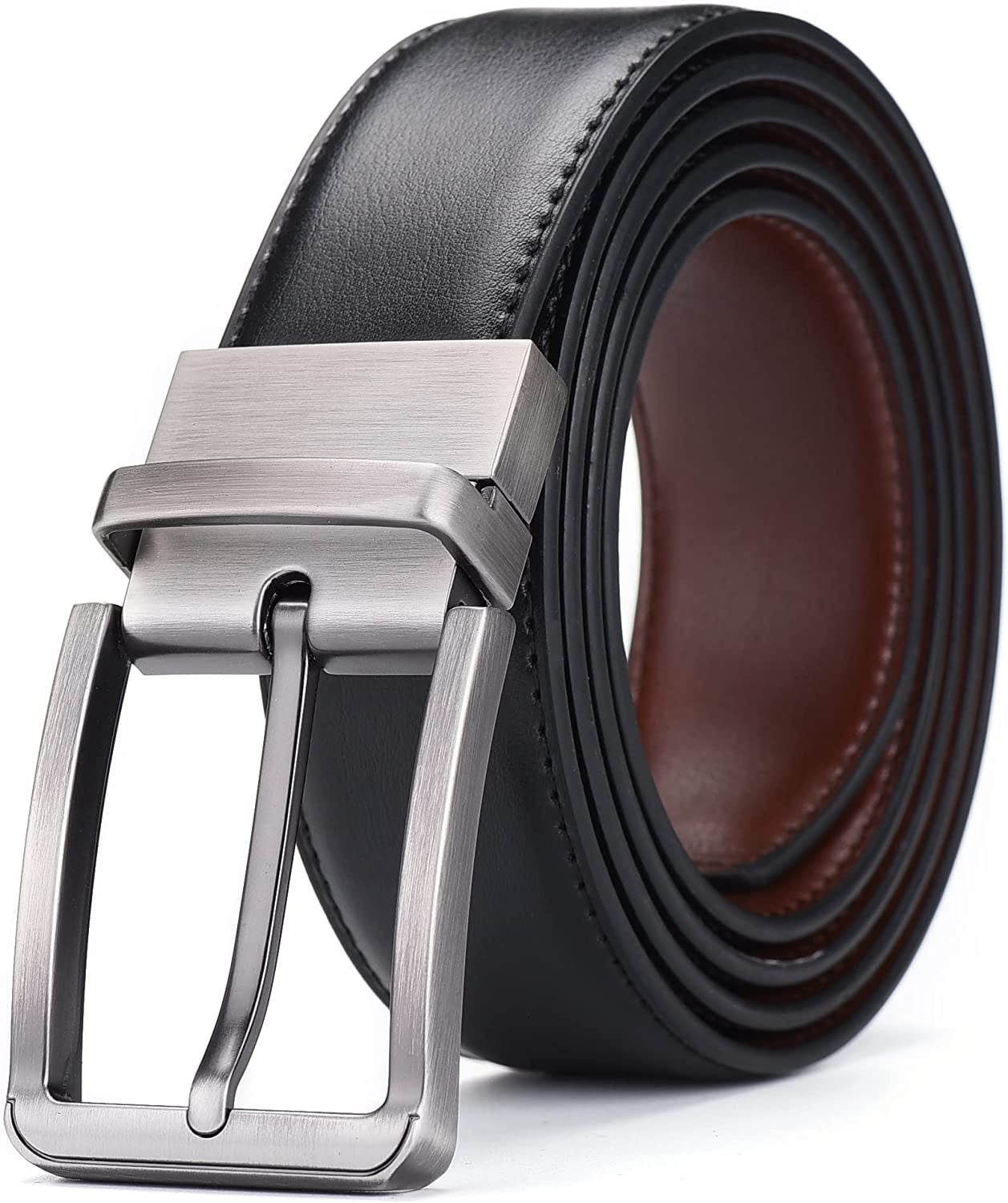 Mens Reversible Leather Belt, HW Zone Leather Belts for men 1.3" Wide with Rotated Buckle Great ...