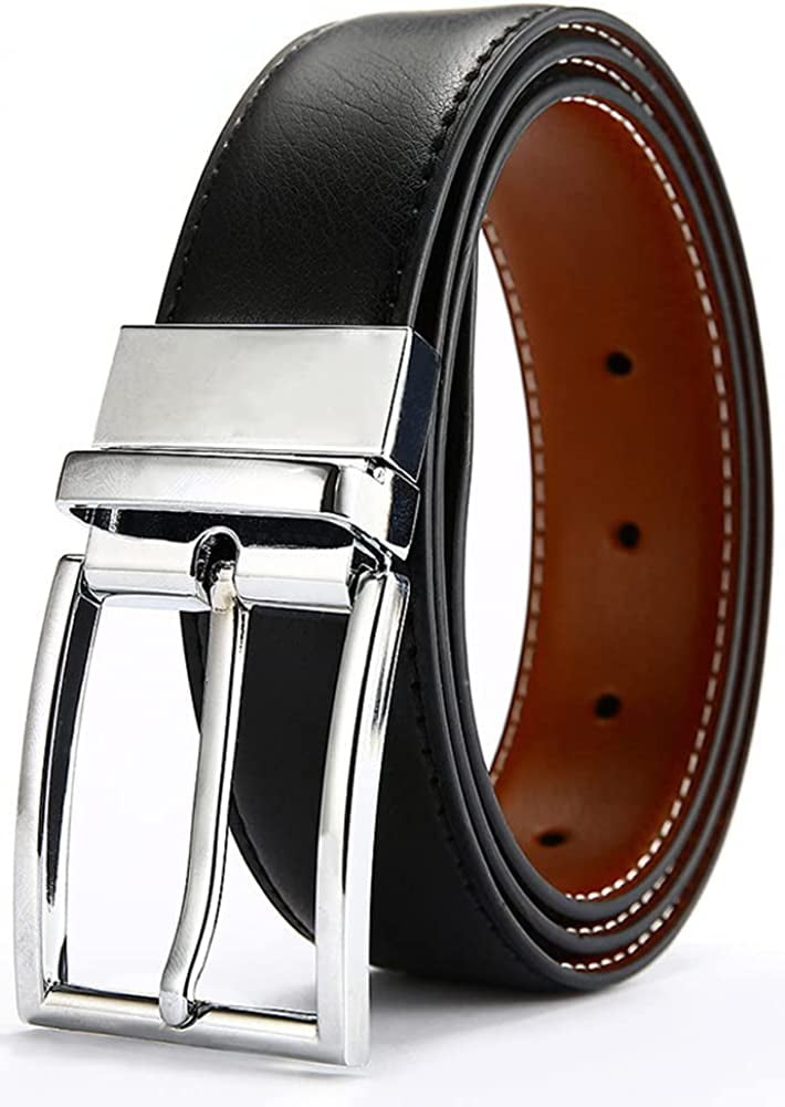 Mens Reversible Leather Belt, HW Zone Leather Belts for men 1.3" Wide with Rotated Buckle Great ...