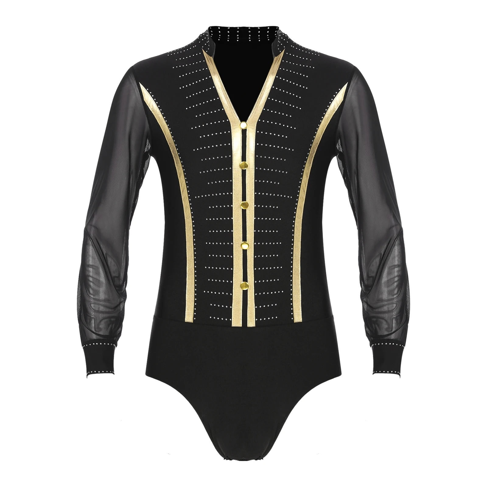 Mens Rhinestone V Neck Dance Shirts Unitard Ballroom Modern Latin Tango ...