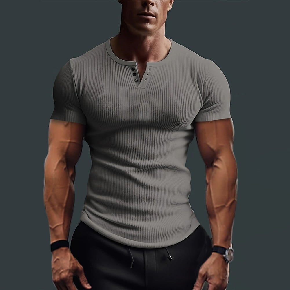 Mens Ribbed Slim Fit Short Sleeve T-shirts Tee V Neck Muscle Fitness ...