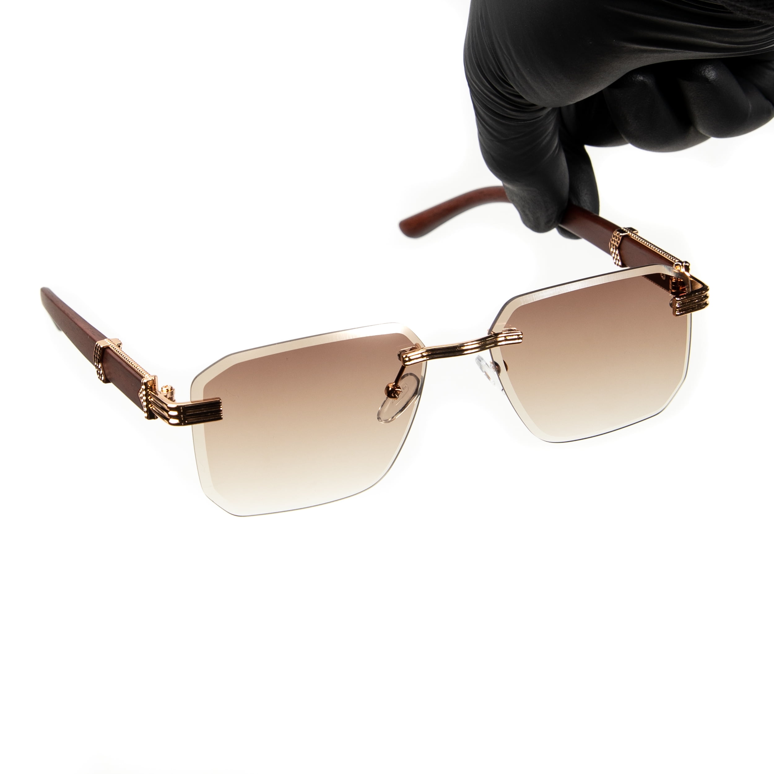 Mens Rimless Retro Gold Frame Brown Rectangle Vintage Woodgrain 90's ...