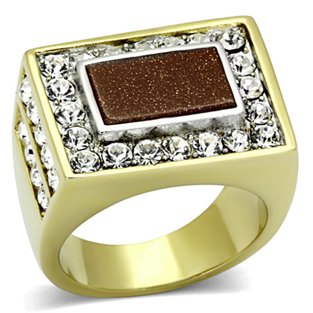 Mens Ring Brown Two Tone Stainless Steel Ring with Synthetic Twinkling ...