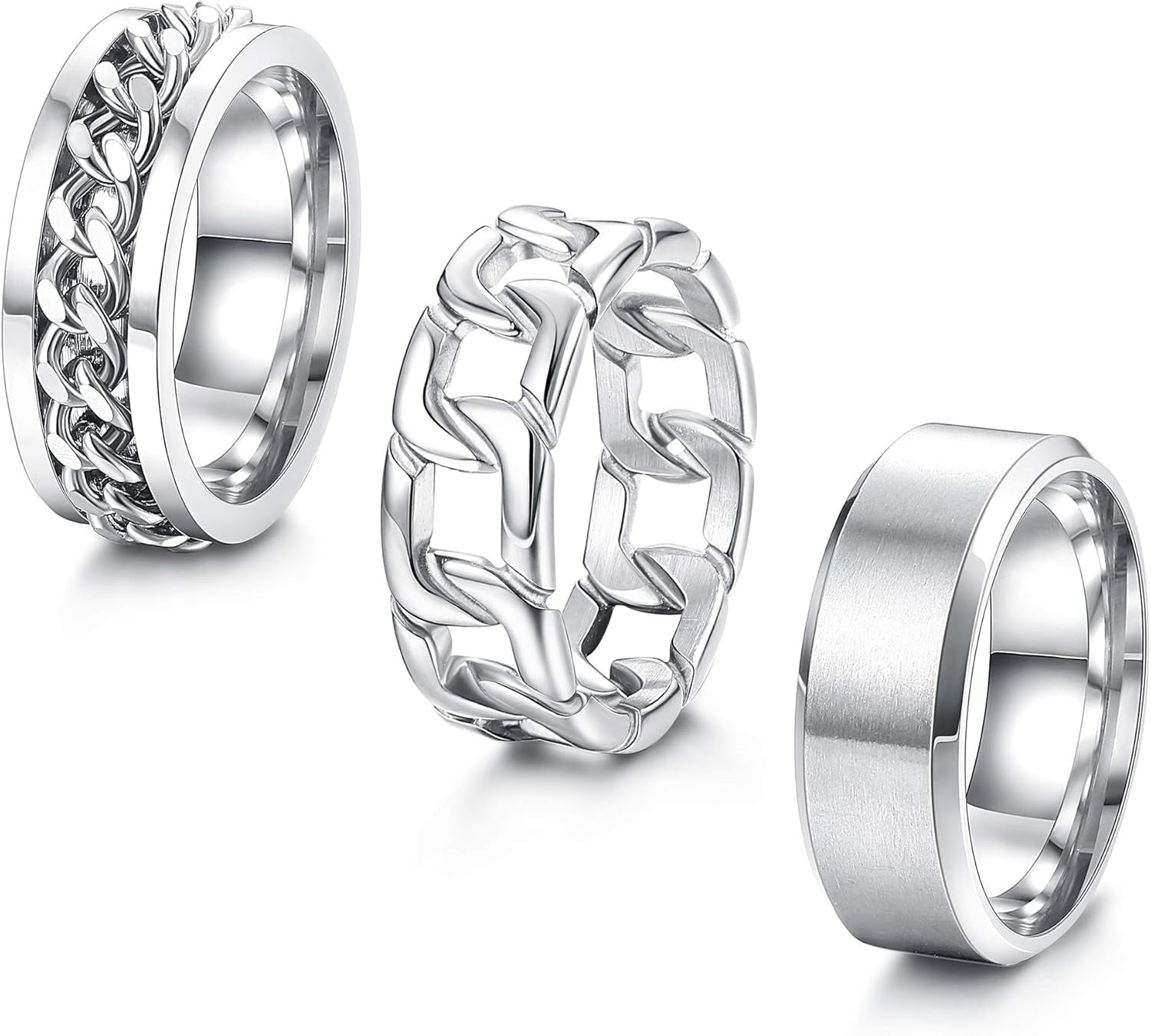 Mens Rings 3Pcs Silver Rings for Men Women Stainless Steel Plain Band ...