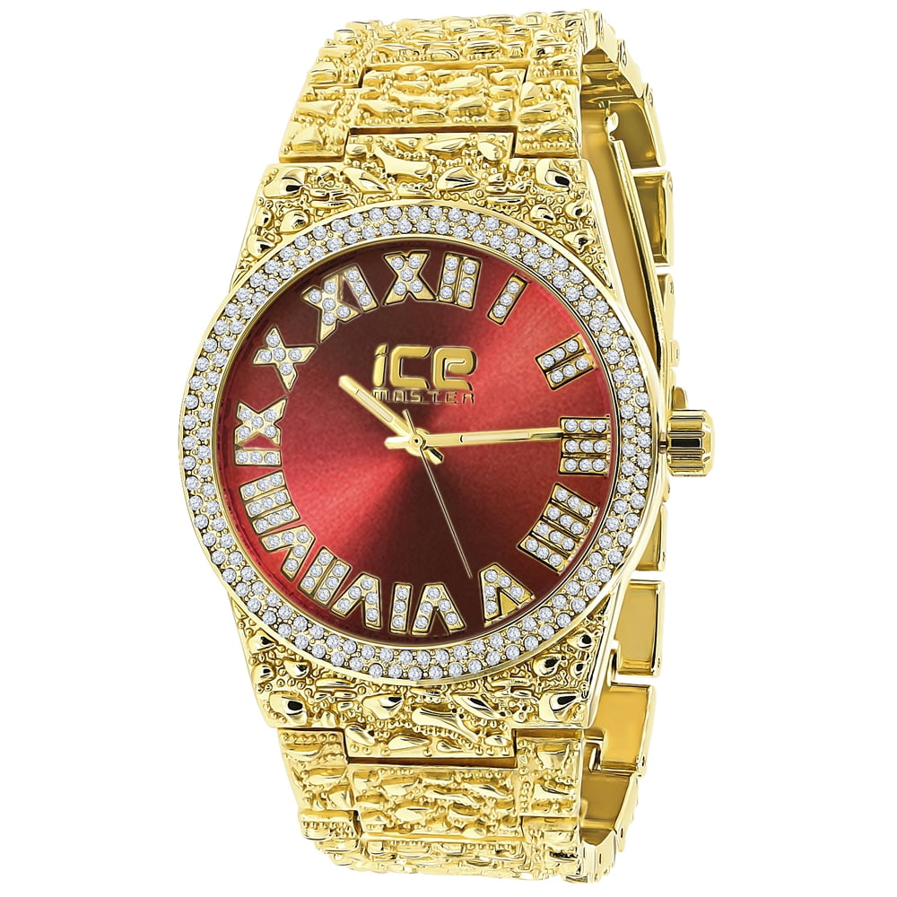 Mens Roman Numeral Dial Red Face Gold Tone Nugget Style Simulated ...