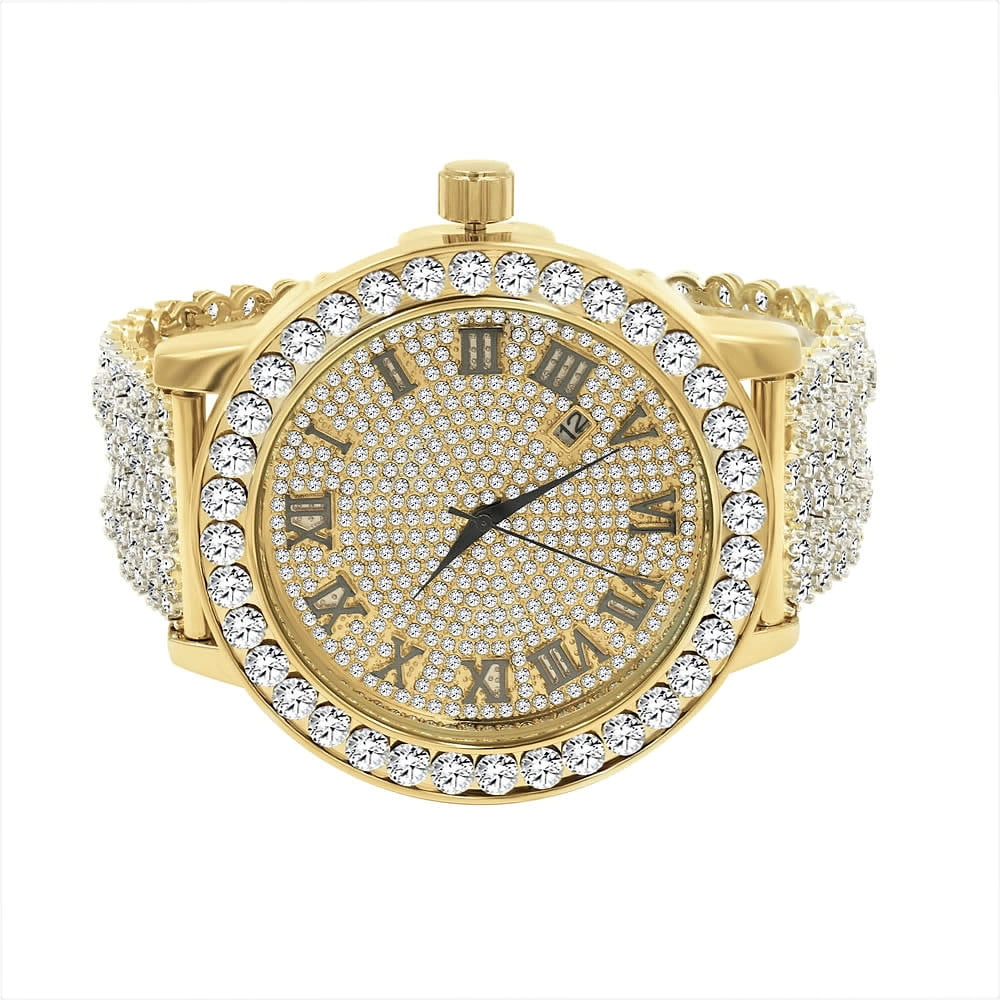 Mens Roman Numerals Watch Lab Diamond Yellow Gold Tone Stainless Steel ...