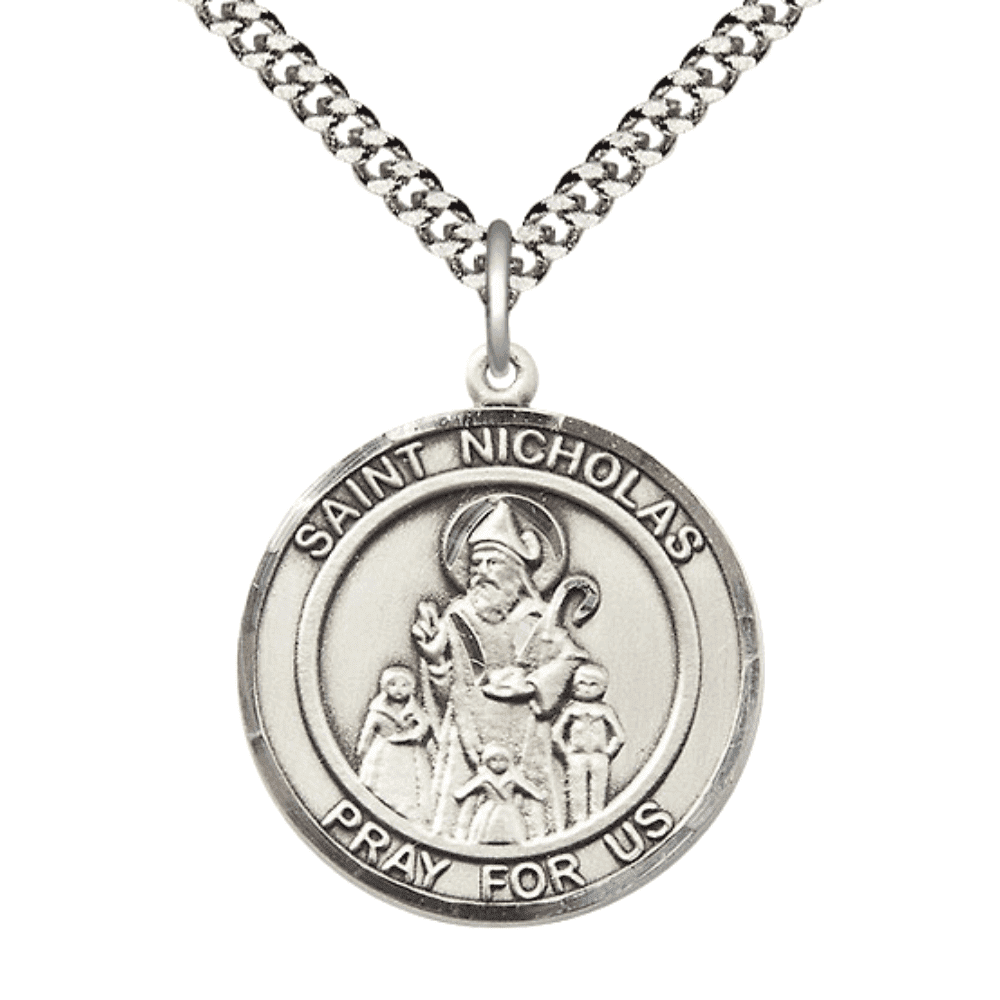Mens Round Pewter Saint Nicholas Medal Pendant on 24 inch Rhodium ...