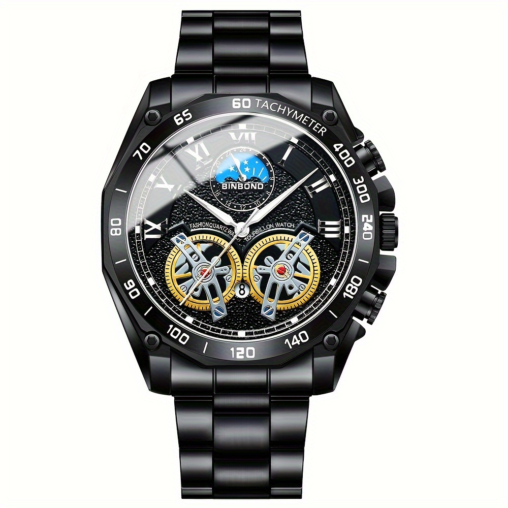 Mens Round Quartz Watch with Date, Stop-watch, and Night Light ...