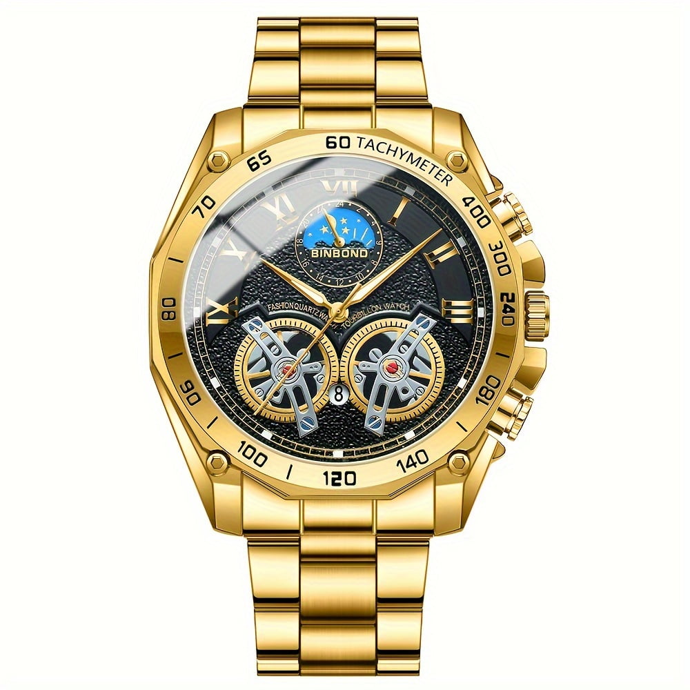 Mens Round Quartz Watch with Date, Stop-watch, and Night Light ...