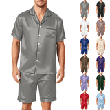 Mens Satin Silk Pajamas Sets Short Sleeve Button-Down Sleepwear Two ...