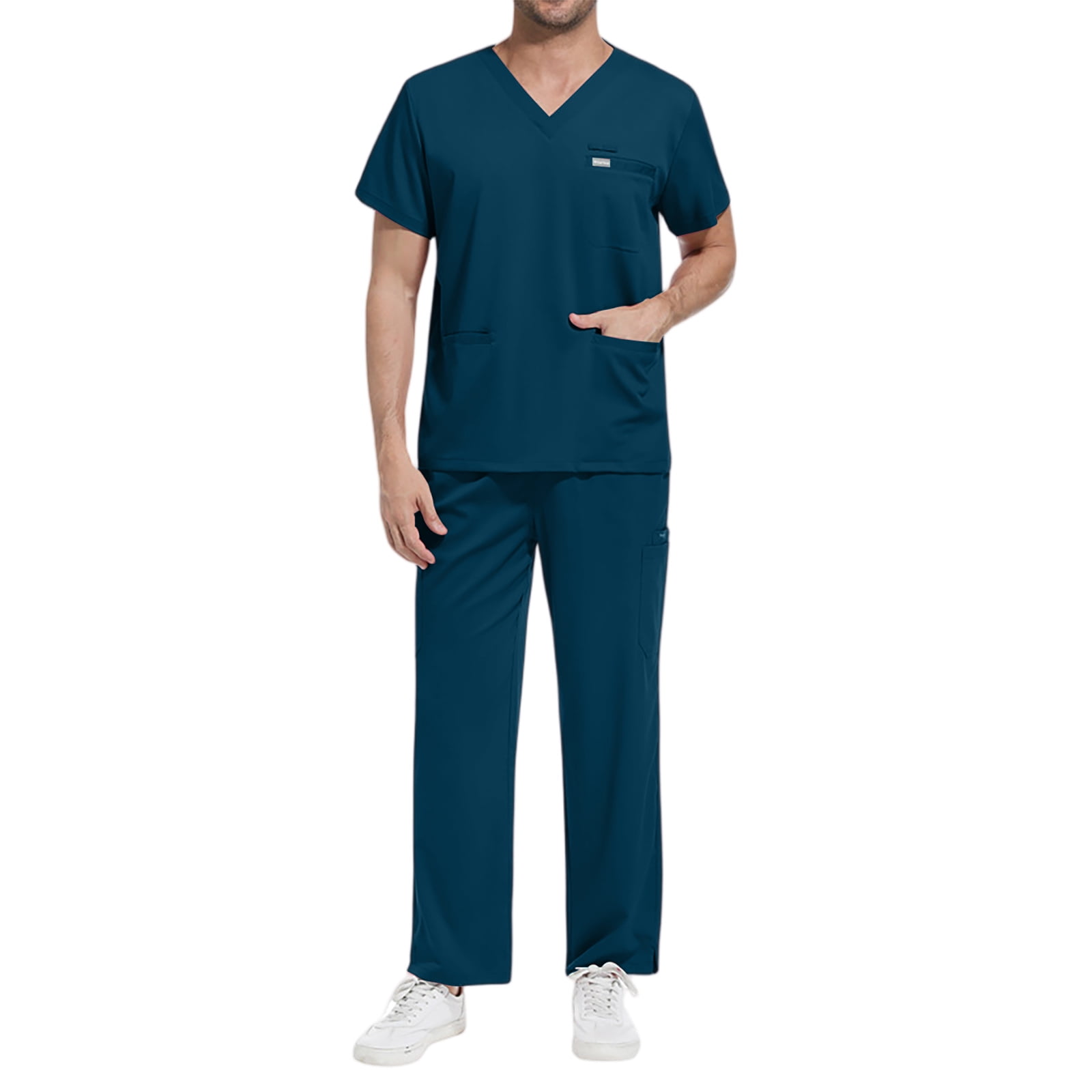 Mens Scrubs Set Comfortable V-Neck Scrub Top and Jogger Pants Stretch ...