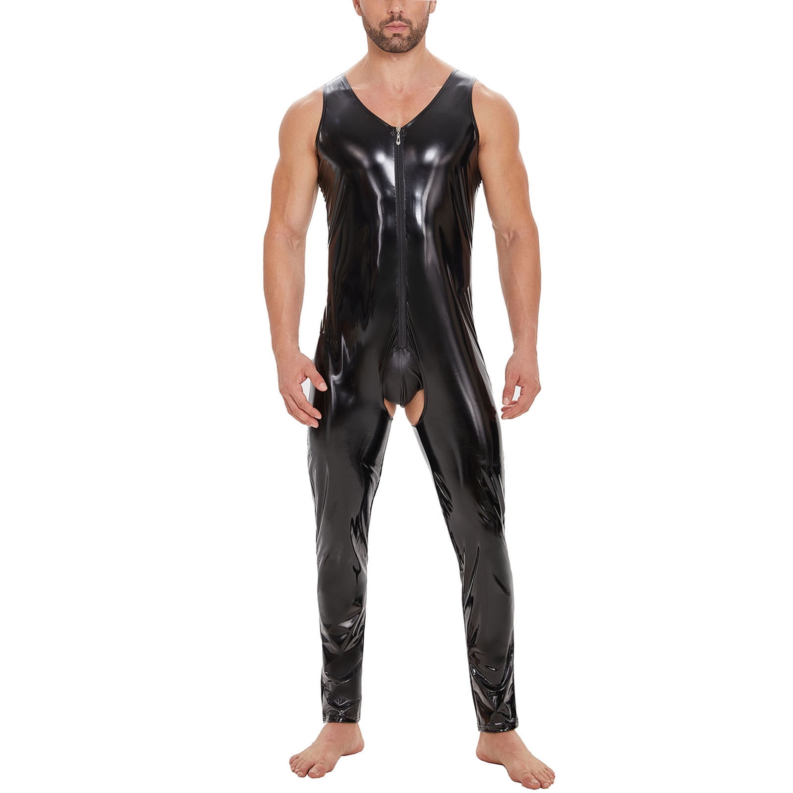 Mens Sexy Open Crotch Shiny Leather Jumpsuit Glossy PVC Leather Tank ...