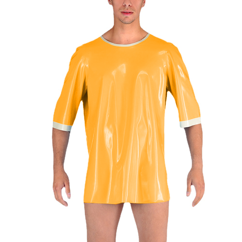 Mens Sexy Wet PVC Leather Back Round Neck T-Shirt Tops Costume Half ...