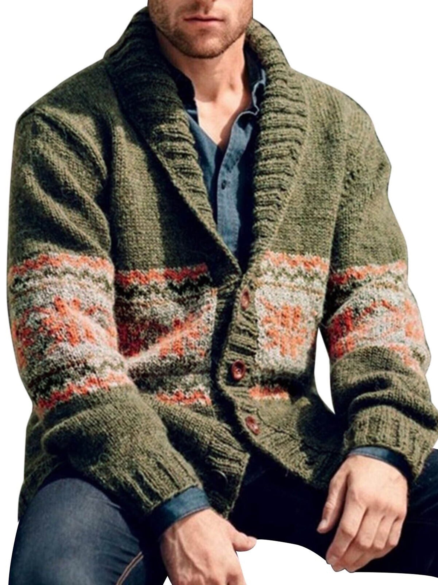 Mens Shawl Collar Cardigan Sweater Cable Knit Buttons Casual Sweater