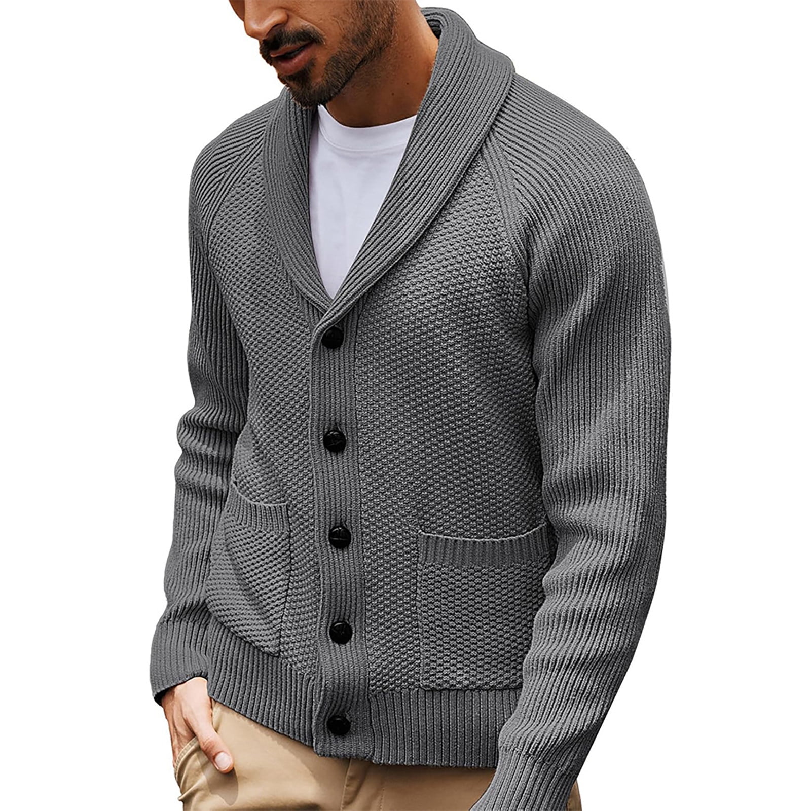Mens Shawl Collar Cardigan Sweaters Knit Textured Sweater Button Down ...