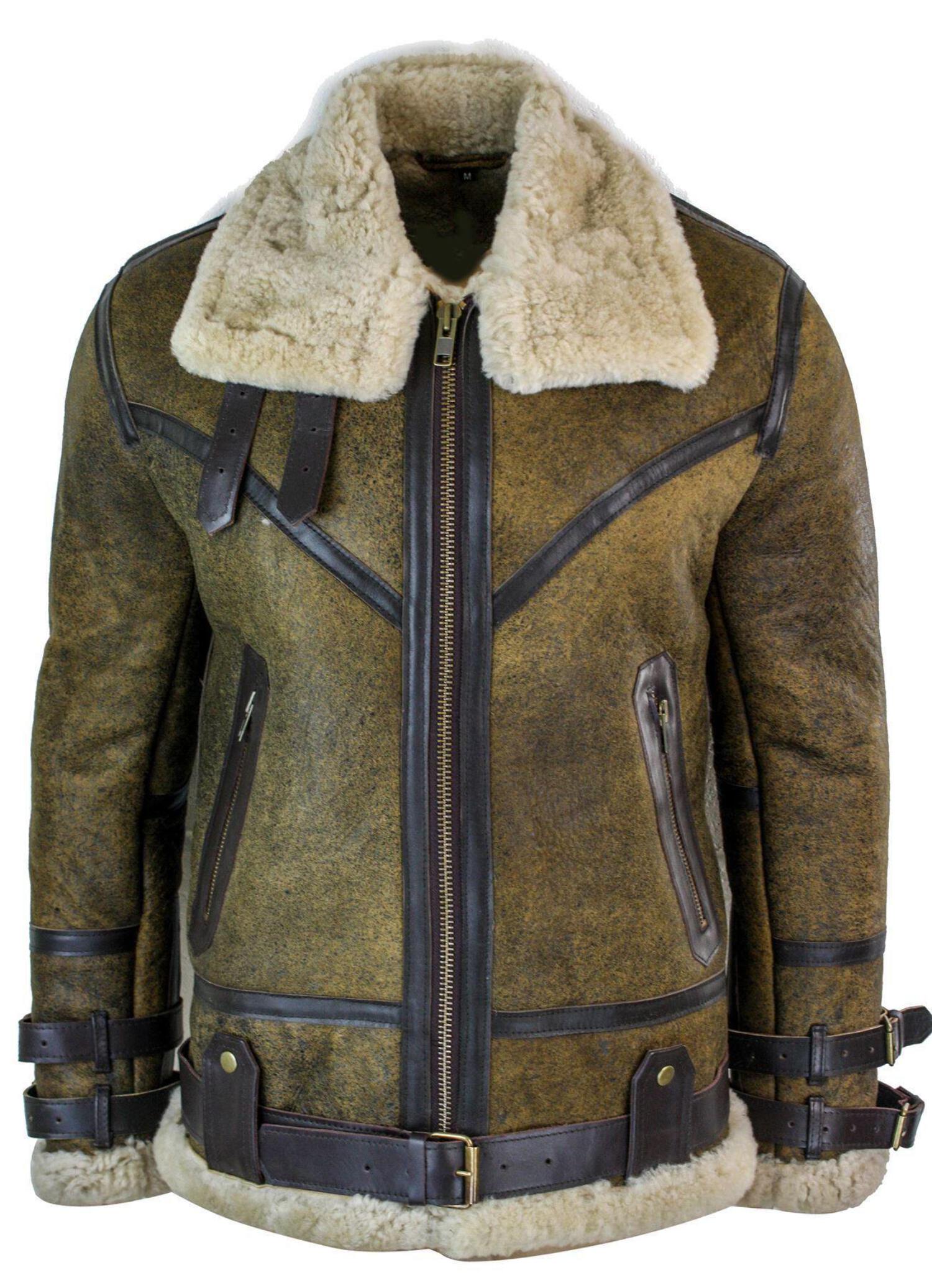 Mens Sherling Real Sheepskin Leather Viking Vintage RAF Jacket Brown ...
